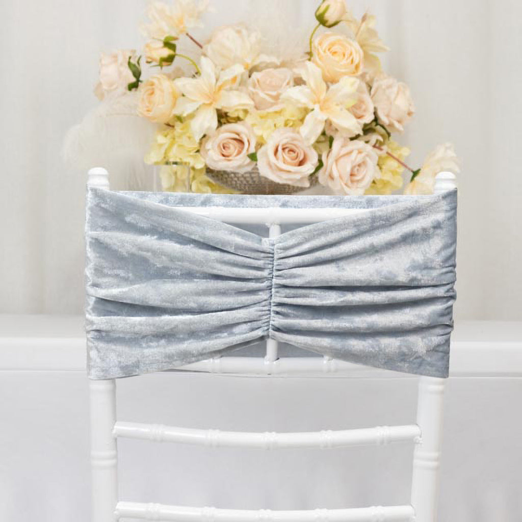 Dusty Blue Velvet Ruffle Chair Bands | TableclothsFactory
