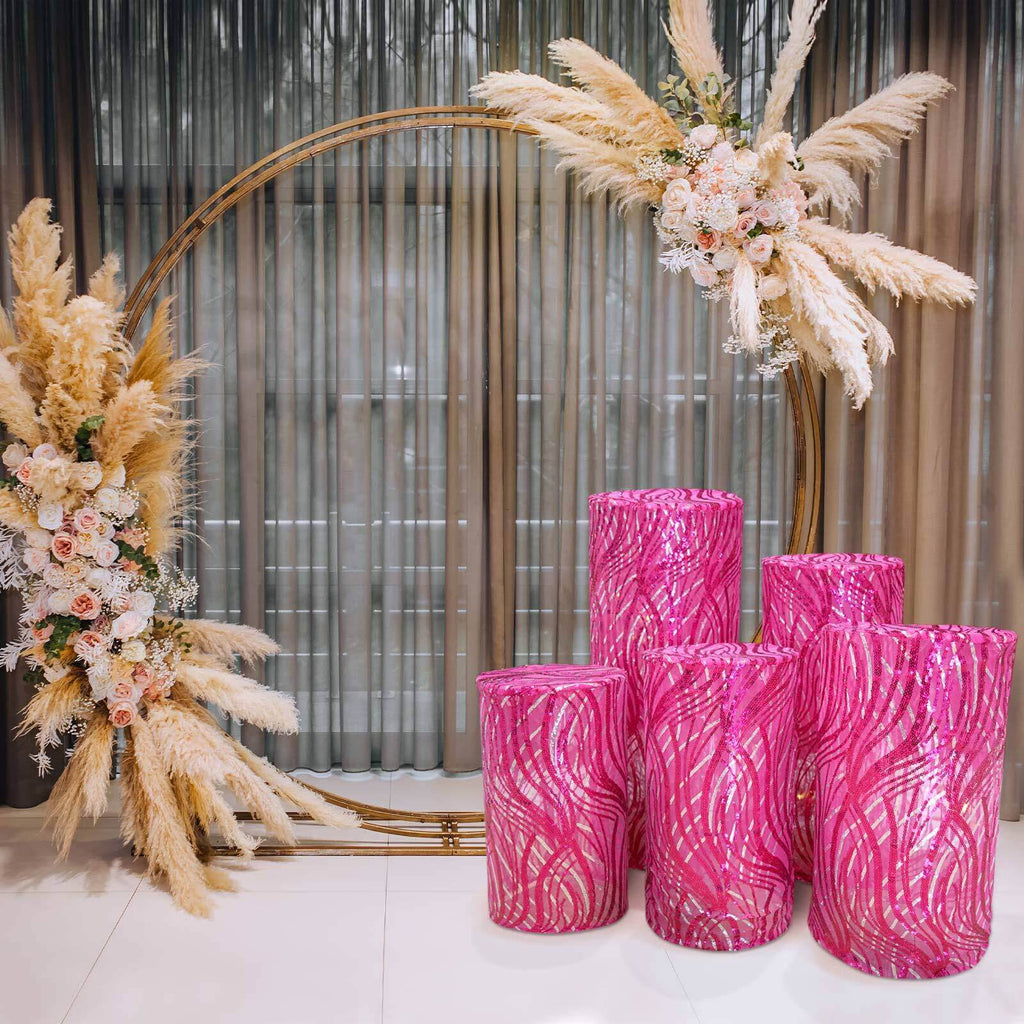 Fuchsia Wave Mesh Cylinder Pedestal Stand Covers | tableclothsfactory.com