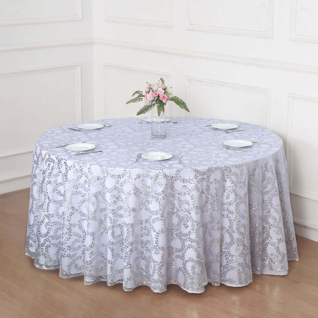 Sequin Embroidered Tablecloth 120" Silver by TableclothsFactory.com