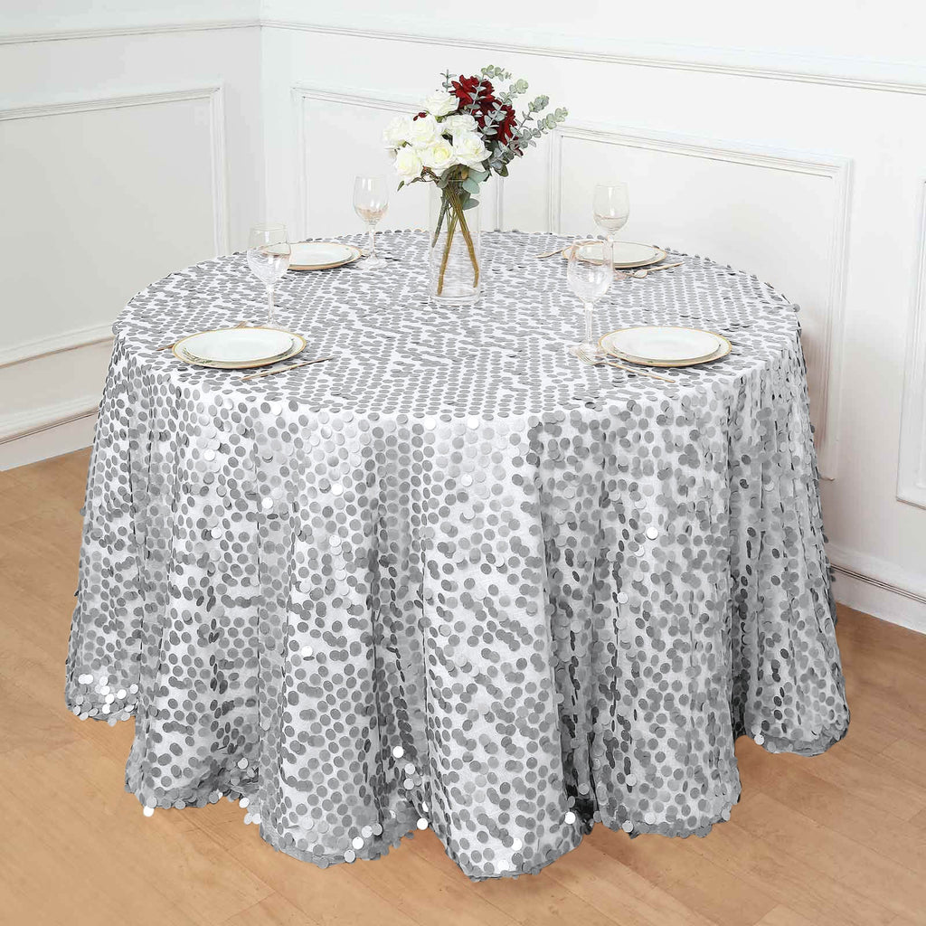 Big Payette Sequin Tablecloth 120" Silver | TableclothsFactory
