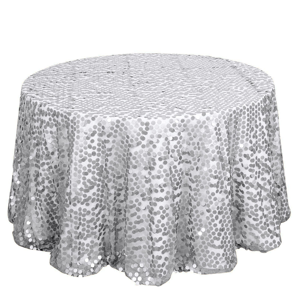 Big Payette Sequin Tablecloth 120" Silver | TableclothsFactory
