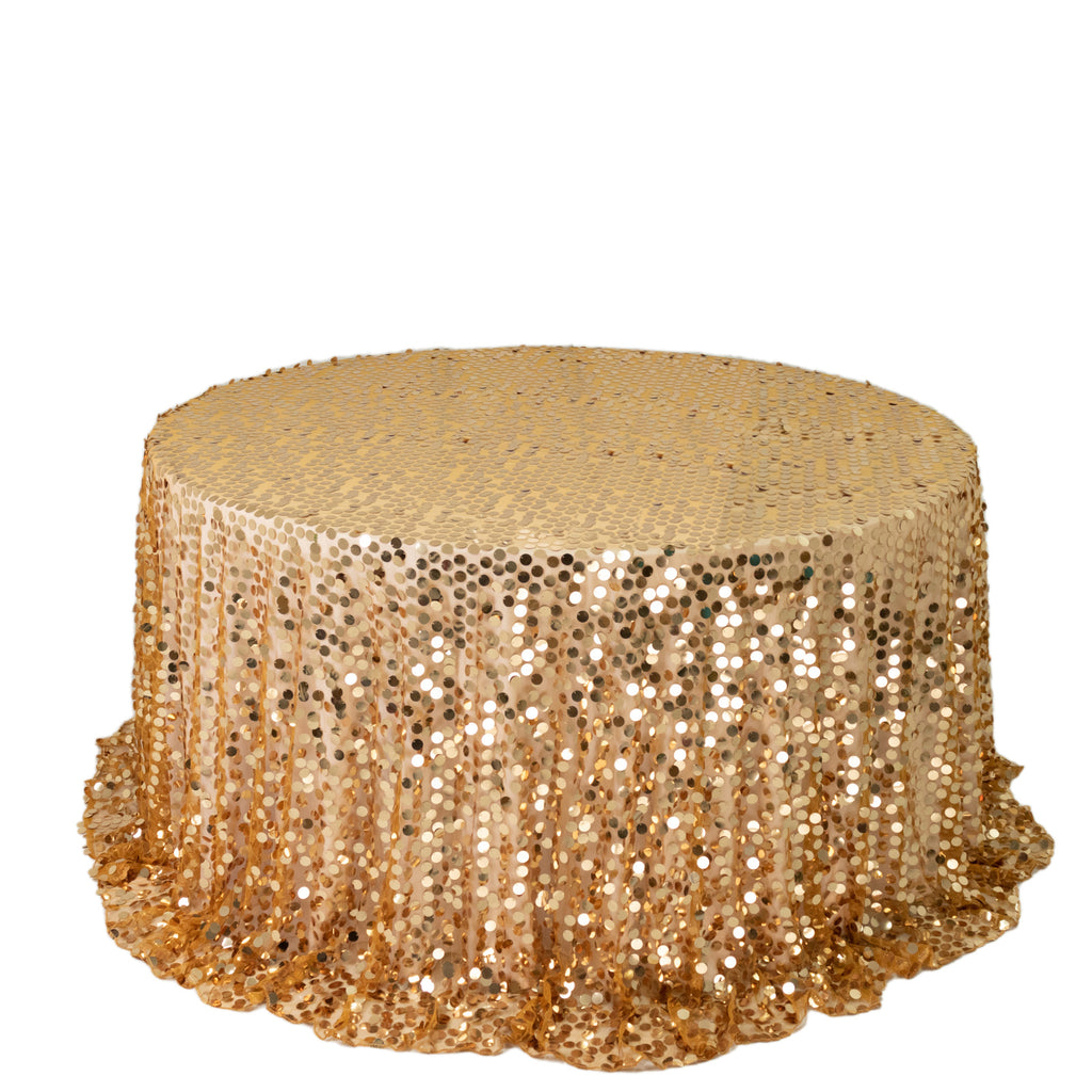 132" Round Sequin Tablecloth Gold | TableclothsFactory