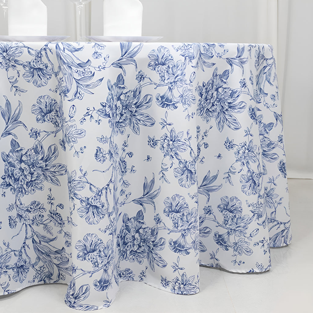 120" Blue Toile Polyester Tablecloth | Tableclothsfactory