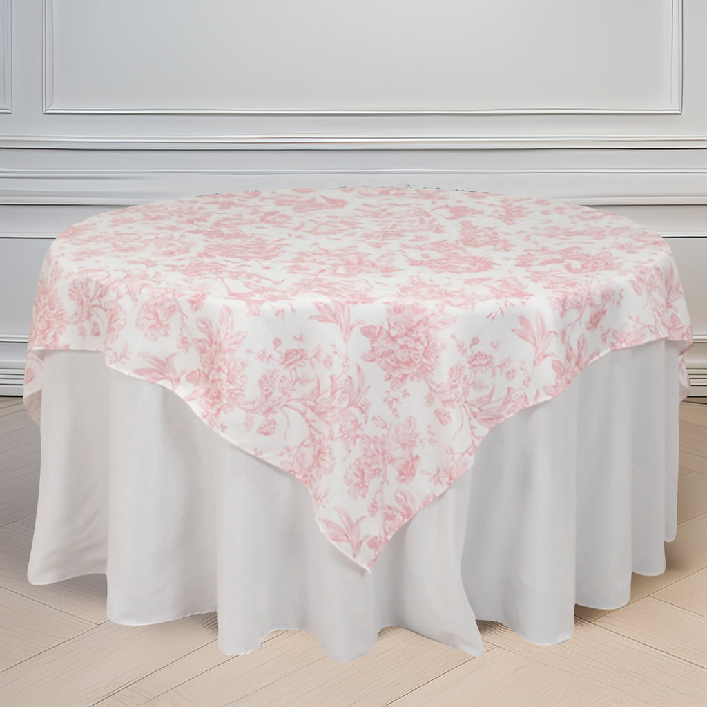 70" Pink Toile Polyester Overlay | Tableclothsfactory