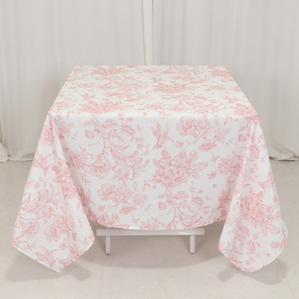 French Toile Tablecloth 70"x70" White/Pink by TableclothsFactory.com
