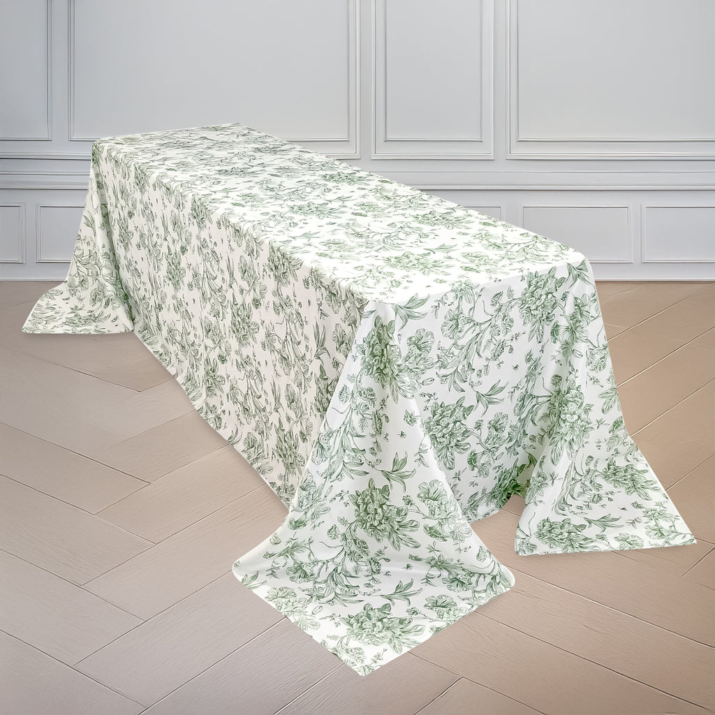 90x132 Sage Toile Polyester Tablecloth | Tableclothsfactory