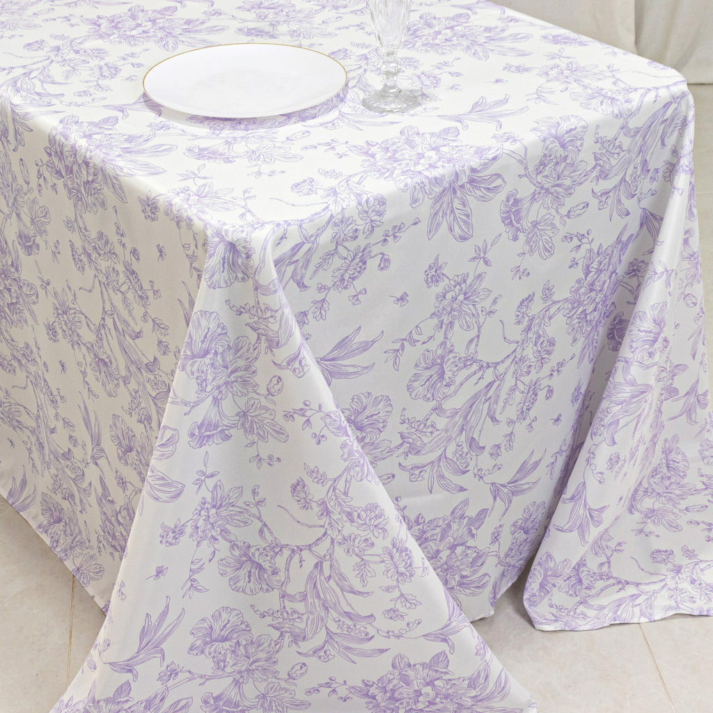 White Lilac Toile Tablecloth 90"x132" | TableclothsFactory
