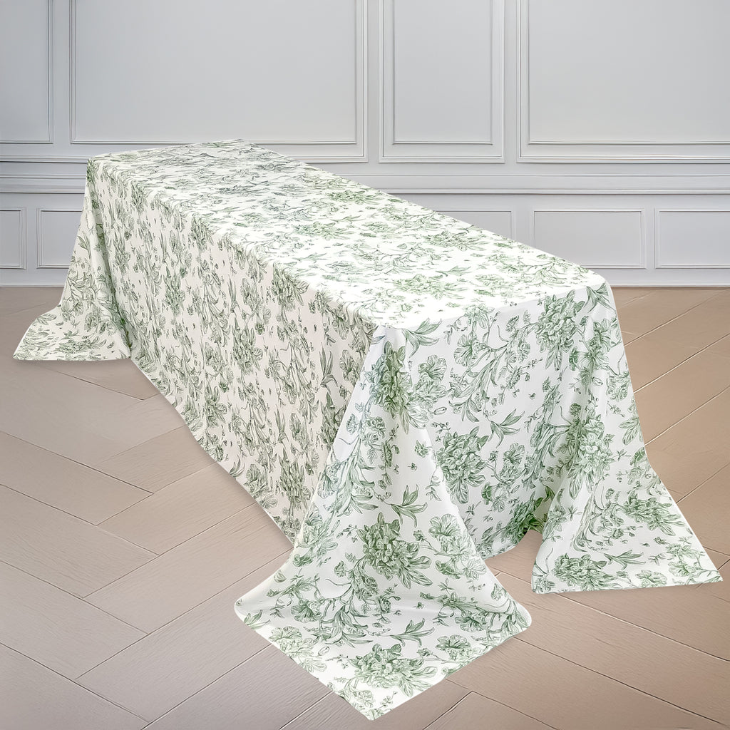 90x156 Sage Toile Polyester Tablecloth | Tableclothsfactory