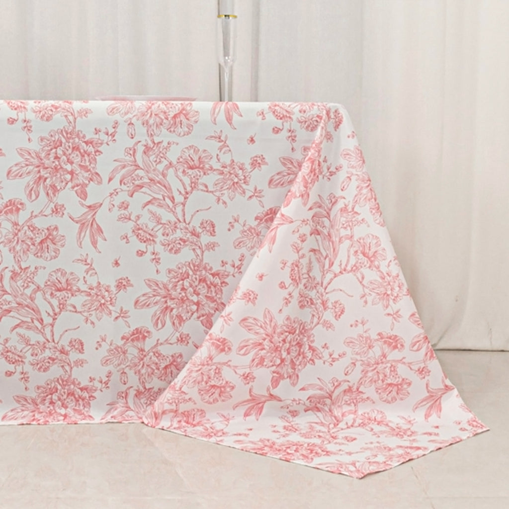 90x156 Pink Toile Polyester Tablecloth | Tableclothsfactory