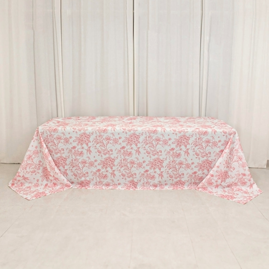 90x156 Pink Toile Polyester Tablecloth | Tableclothsfactory