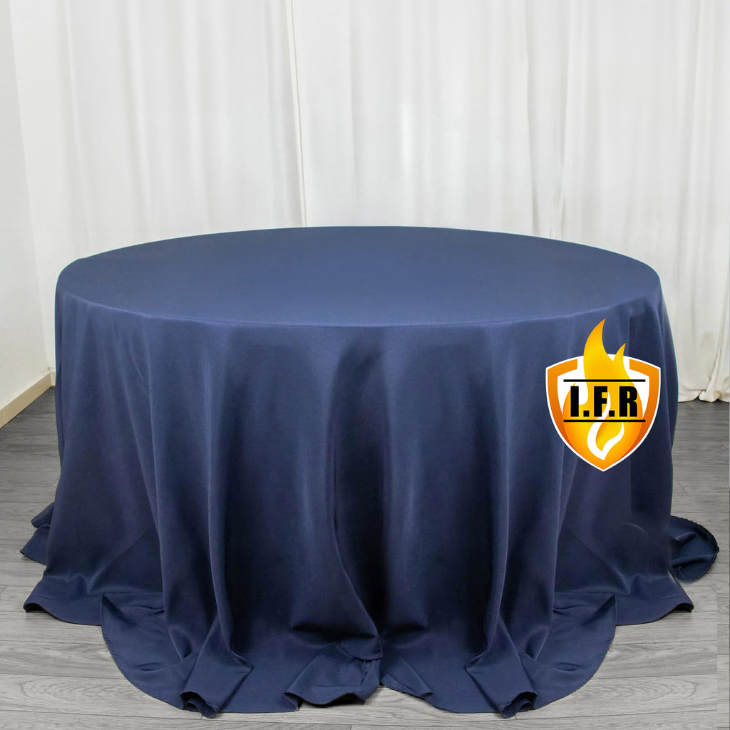 Fire Retardant Round Tablecloth 132" Navy Blue | TableclothsFactory