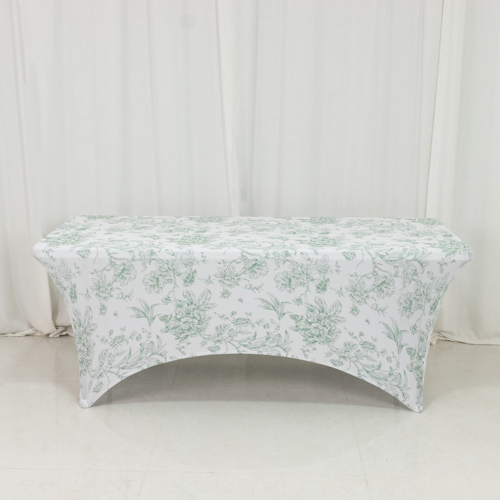 6ft Spandex Tablecloth French Toile Green | TableclothsFactory