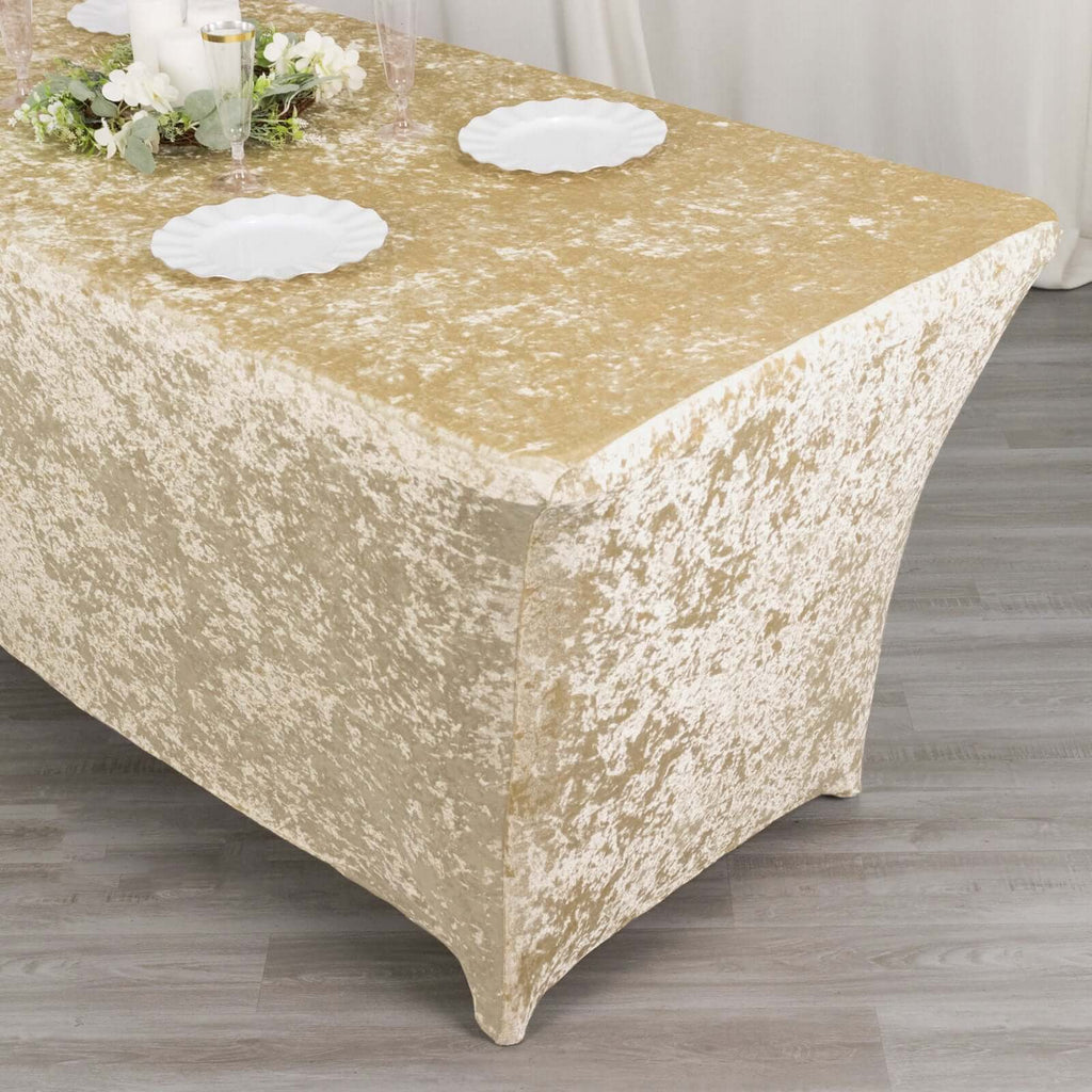 Crushed Velvet Fitted Table Cover 6ft Beige by TableclothsFactory.com