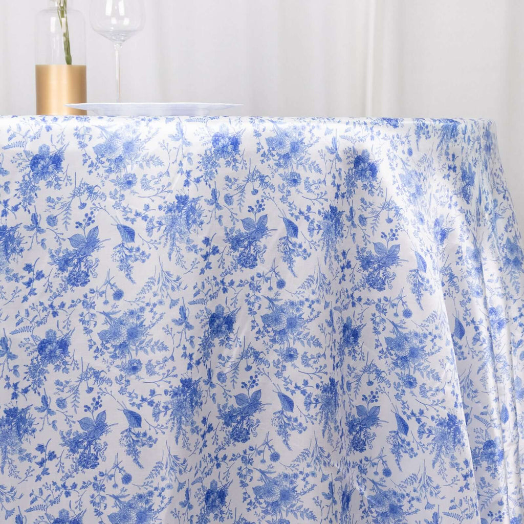 French Toile Satin Tablecloth 120" White/Blue by TableclothsFactory.com