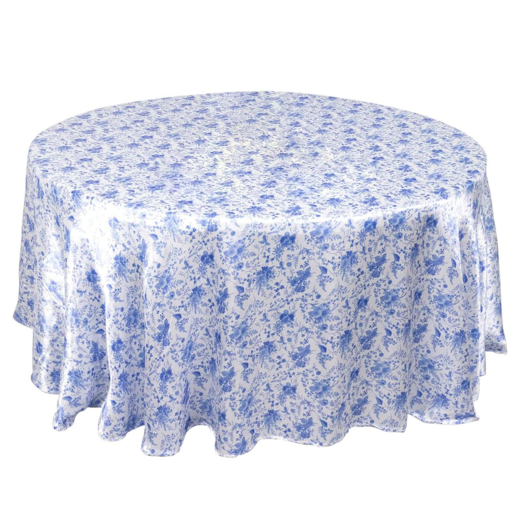 French Toile Satin Tablecloth 120" White/Blue by TableclothsFactory.com