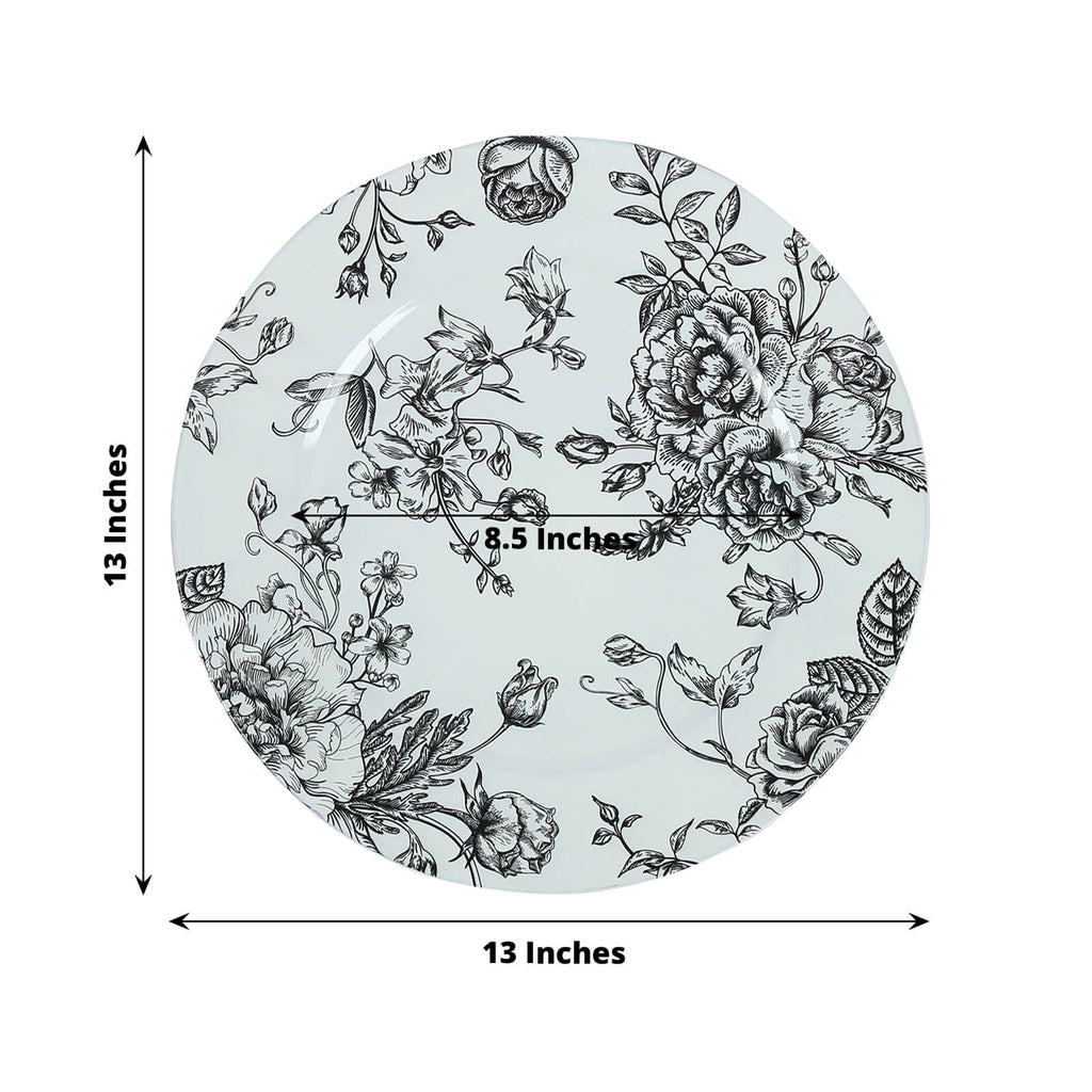 White & Black Floral Acrylic Chargers | TableclothsFactory