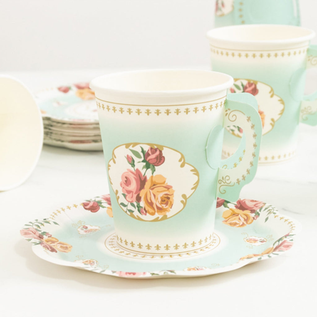 Set of 25 Floral Paper Cup & Saucers Set Turquoise | TableclothsFactory