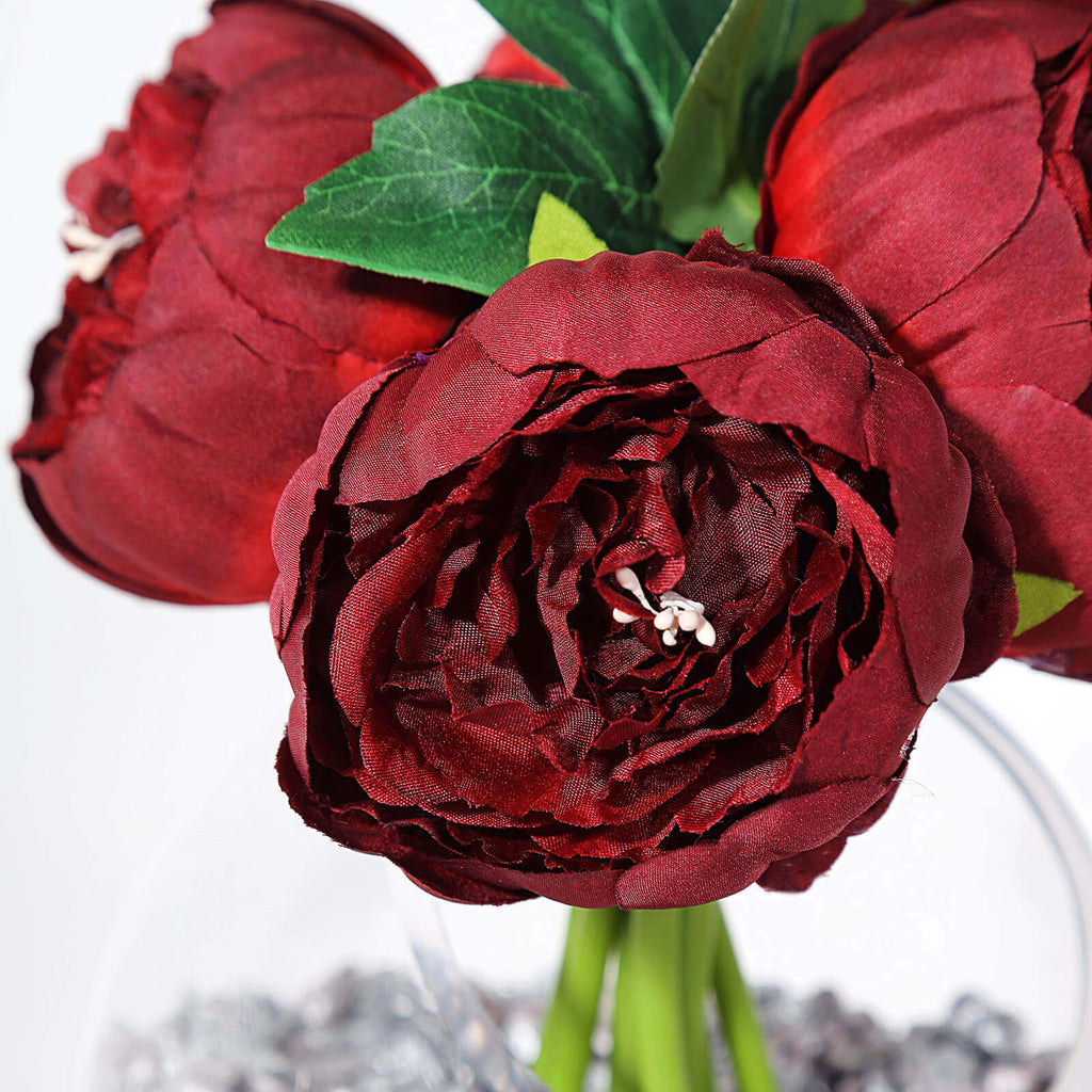 Burgundy Peony Bouquet - 5 Flower Silk Spray | TableclothsFactory