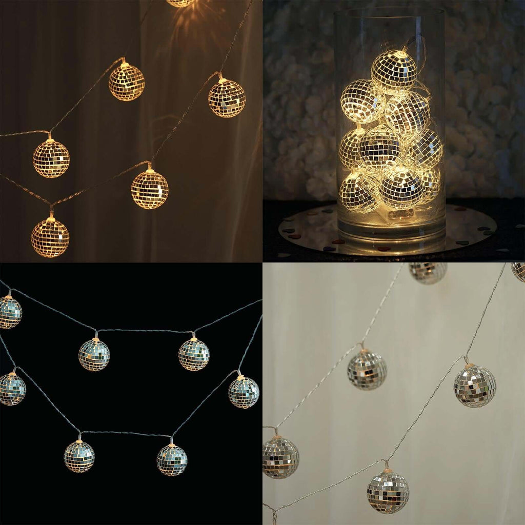 Silver Disco Mirror Ball String Lights Warm White 6ft | TableclothsFactory