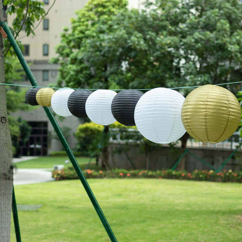 Mixed Black Gold Hanging Paper Lanterns Set of 8 | TableclothsFactory