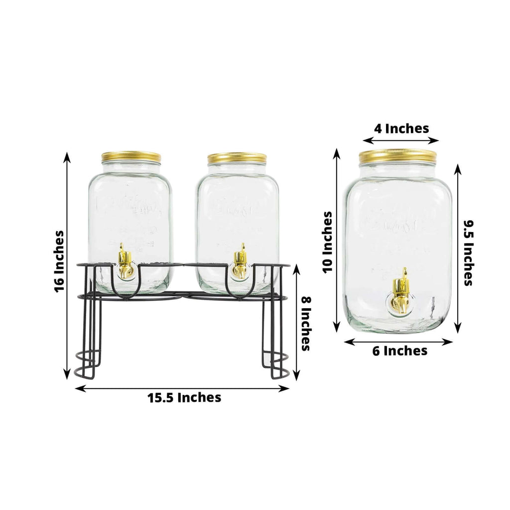 Clear Glass Beverage Dispenser Gold Lids 2-Gallon | TableclothsFactory