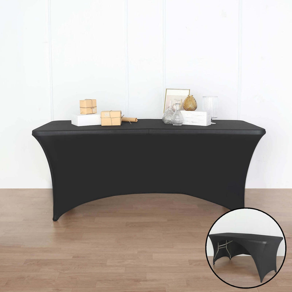 Open Back Spandex Rectangle Table Cover 96"x30" Black | TableclothsFactory