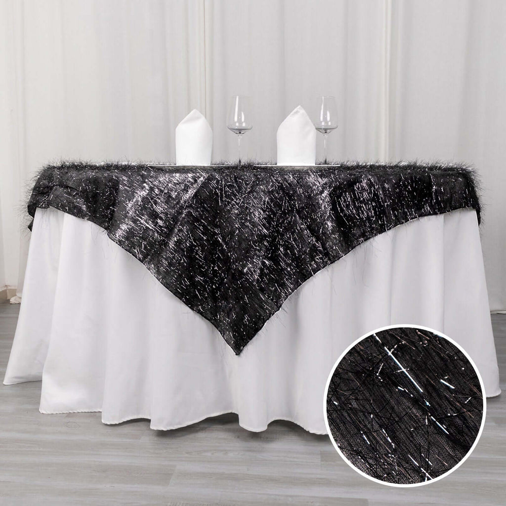 Fringe Tinsel Table Overlay 72"x72" Black | TableclothsFactory