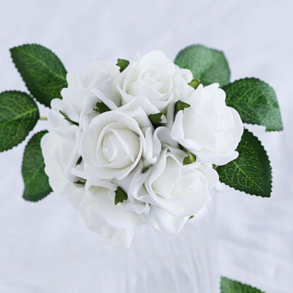24 White Foam Roses with Stem & Leaves | TableclothsFactory