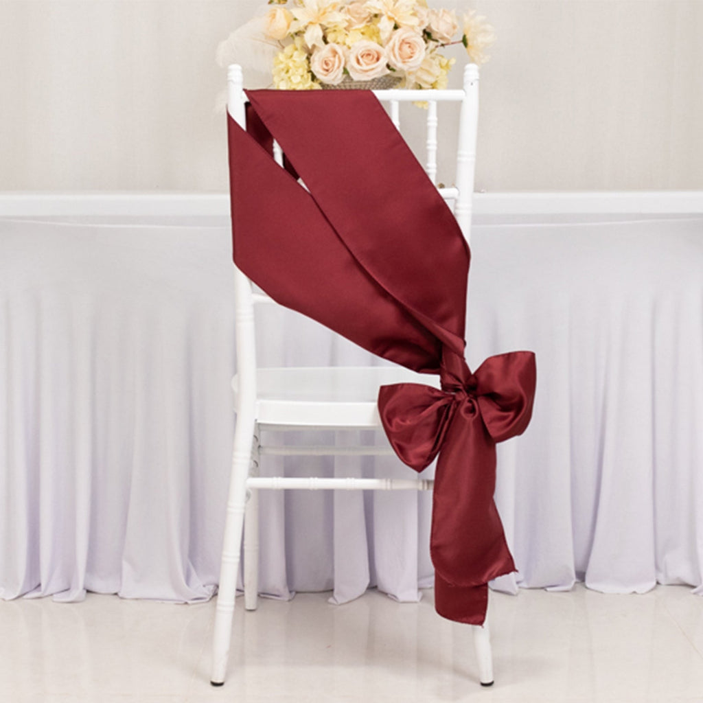 Lamour Satin Chair Sashes 6"x106" Burgundy | TableclothsFactory