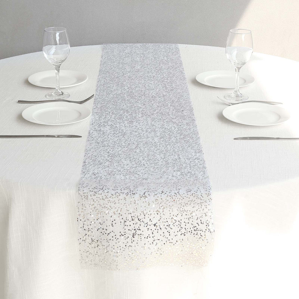 Sequin Mesh Table Runner 11"x108" Silver | TableclothsFactory