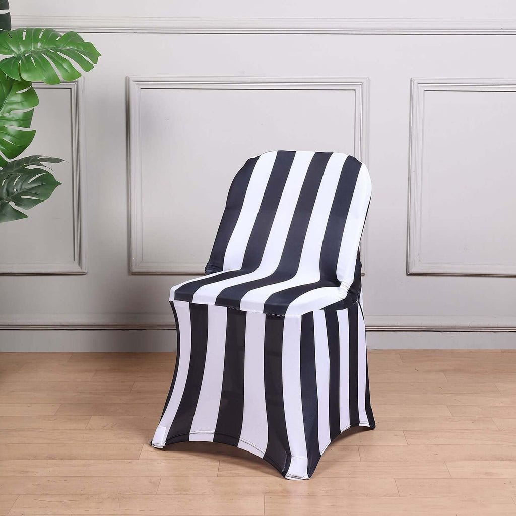 Striped Spandex Folding Chair Cover Black/White | TableclothsFactory
