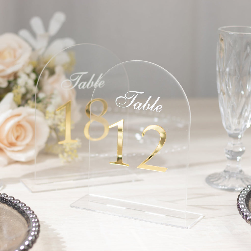 Clear Arch Gold Print Table Numbers | TableclothsFactory