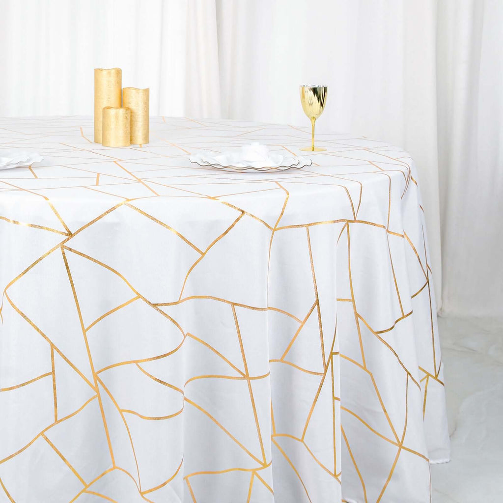 Polyester Tablecloth Gold Foil 120" White | TableclothsFactory