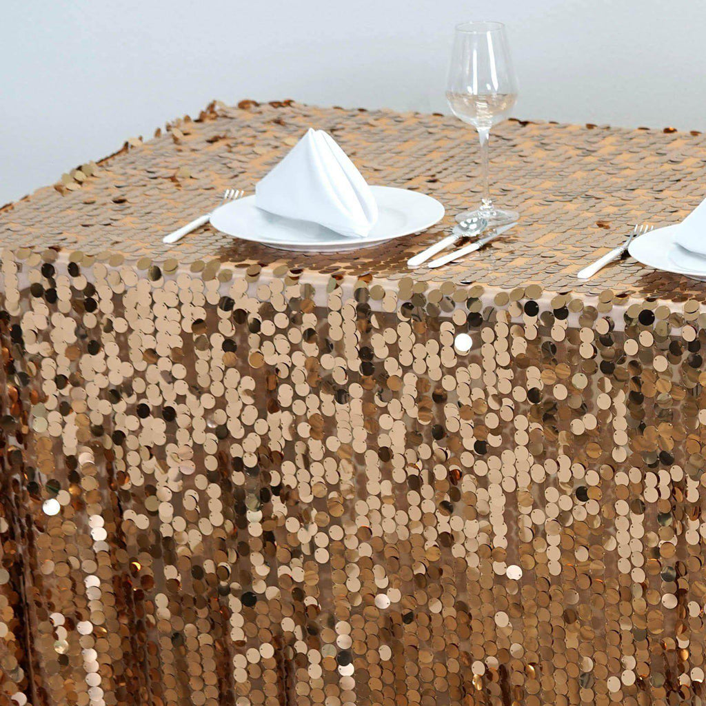 Big Payette Sequin Tablecloth 90"x132" Gold | TableclothsFactory