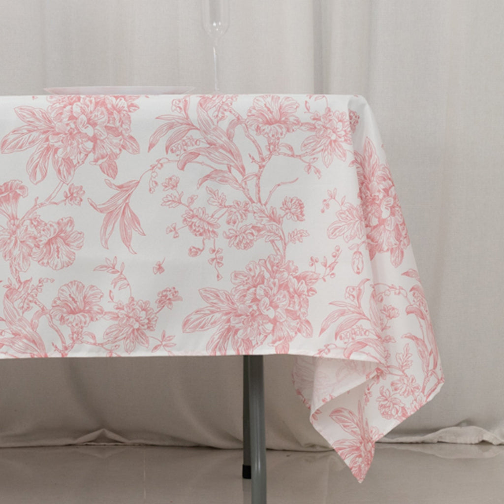 French Toile Tablecloth 60"x102" White/Pink | TableclothsFactory