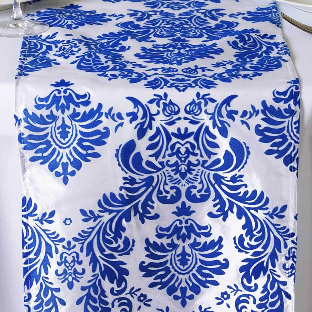 Damask Flocking Table Runner 12"x108" Royal Blue | TableclothsFactory