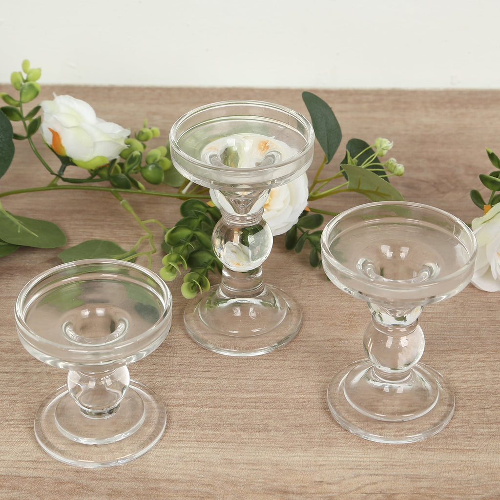 Crystal Ball Stem Pillar Candle Holders Clear | TableclothsFactory