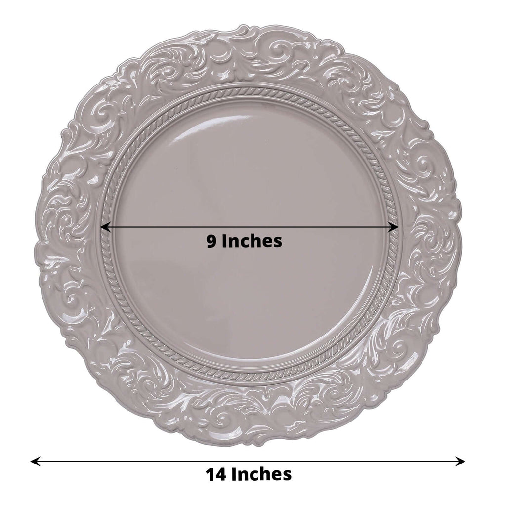 Taupe Vintage Baroque Charger Plates | TableclothsFactory