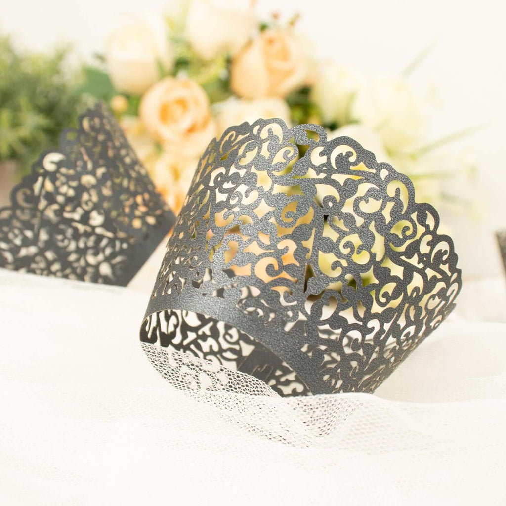 Paper Cupcake Wrappers Lace Laser Cut Black | TableclothsFactory