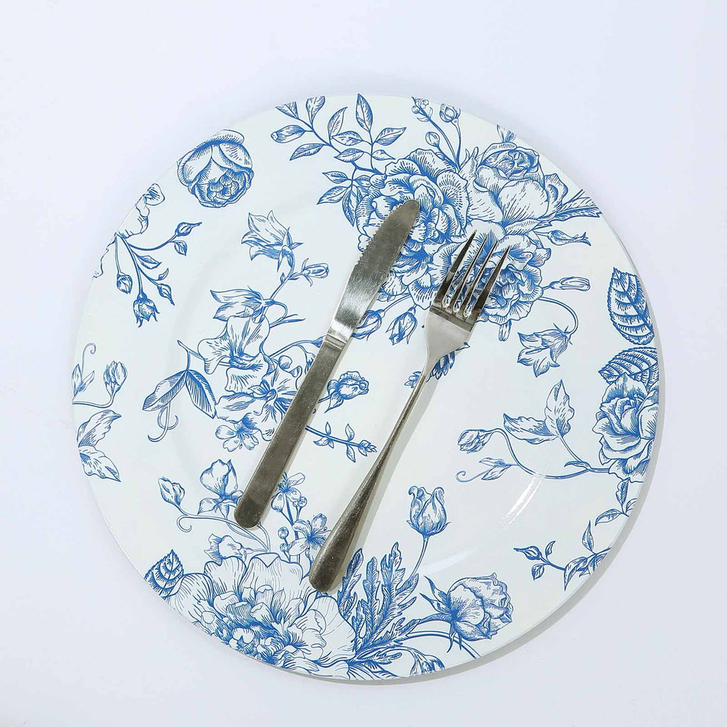 White/Light Blue French Toile Acrylic Charger Plates | TableclothsFactory