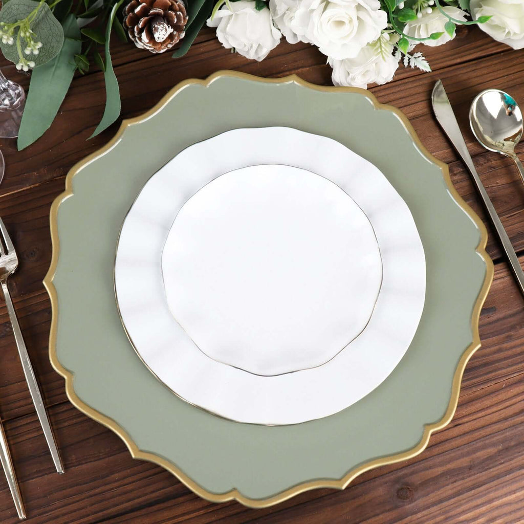 Dusty Sage Green/Gold Scalloped Rim Charger Plates | TableclothsFactory