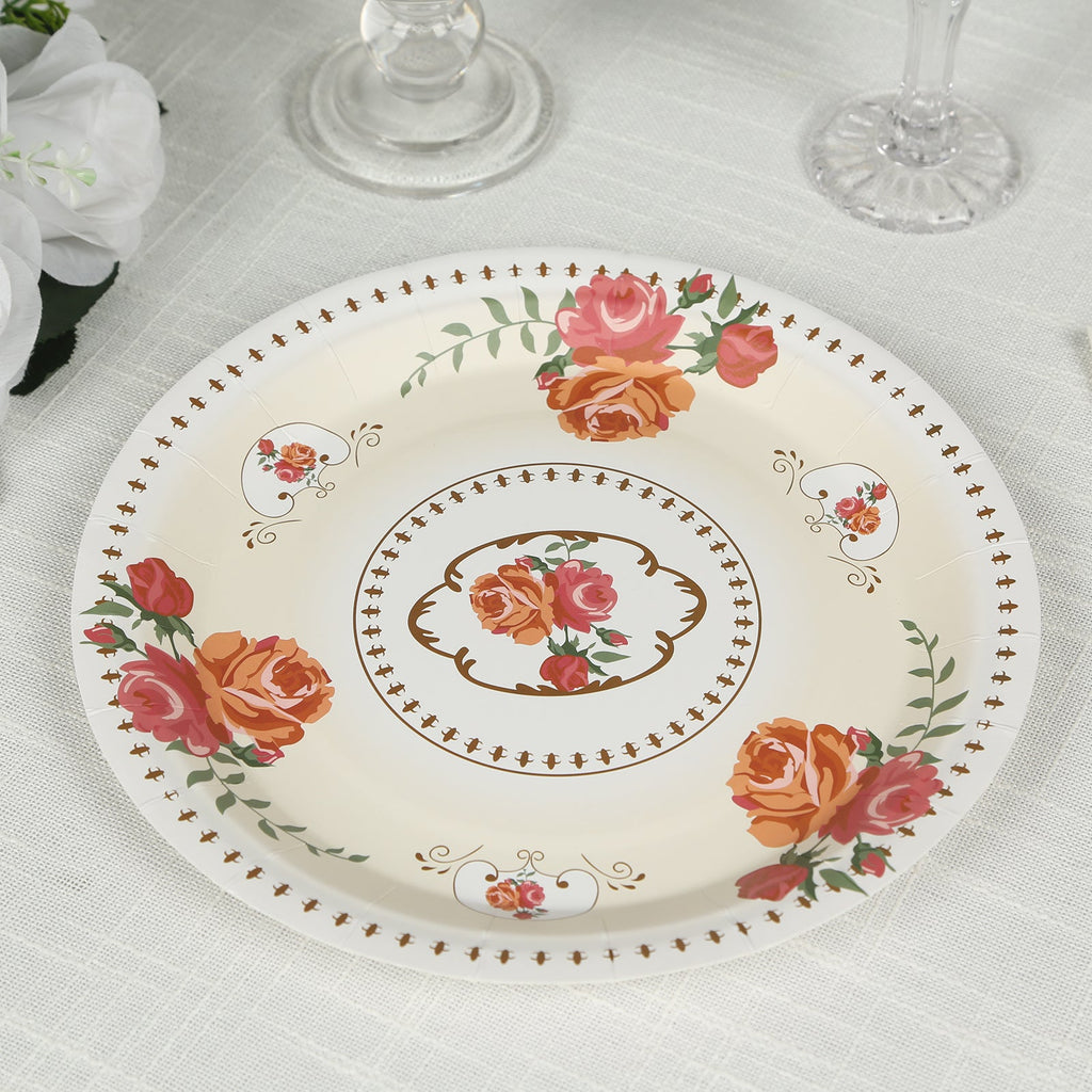 Rose Flower Print Paper Round Dinner Plates 9" Ivory | TableclothsFactory