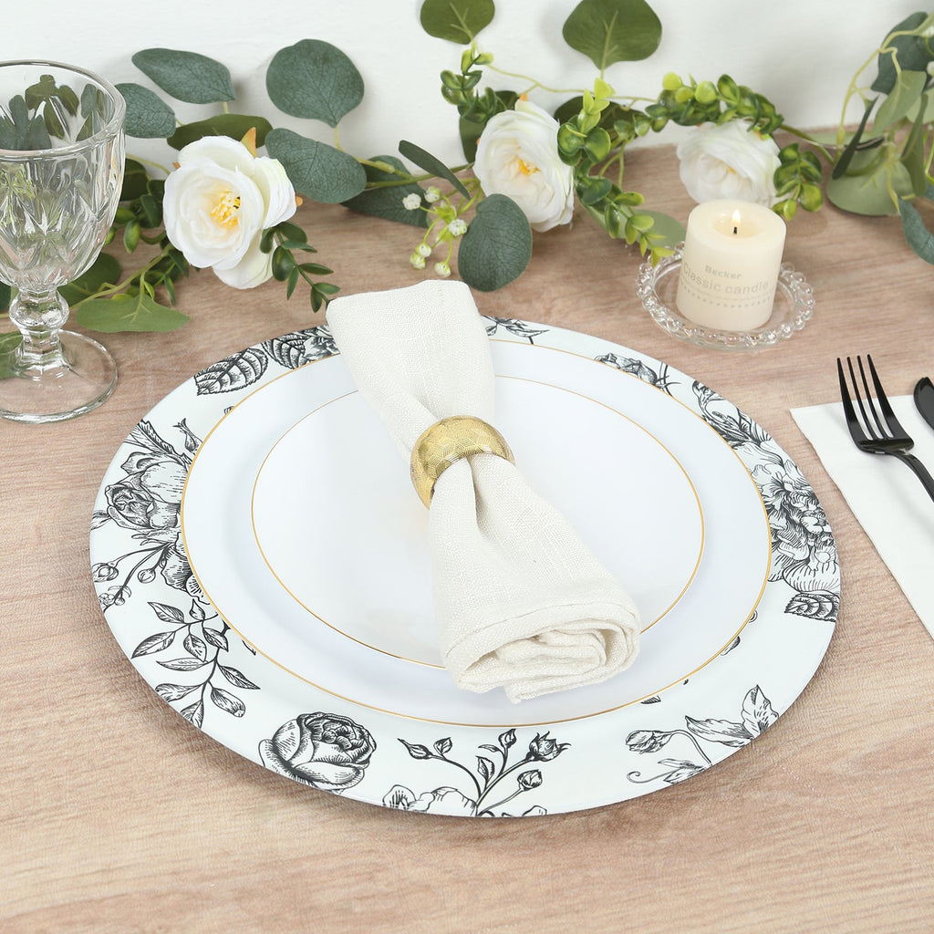 White & Black Floral Acrylic Chargers | TableclothsFactory