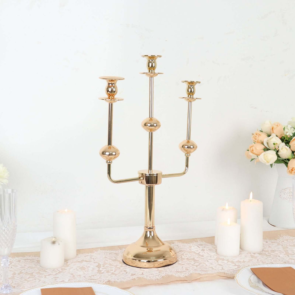 3-Arm Metal Taper Candelabra Gold 20" | TableclothsFactory