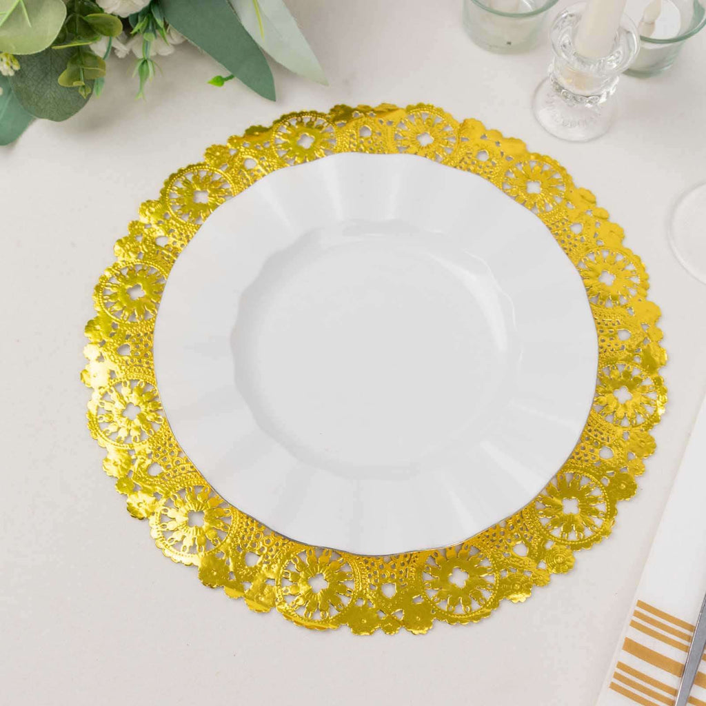 Medallion Lace Paper 12" Round Placemats Metallic Gold | TableclothsFactory
