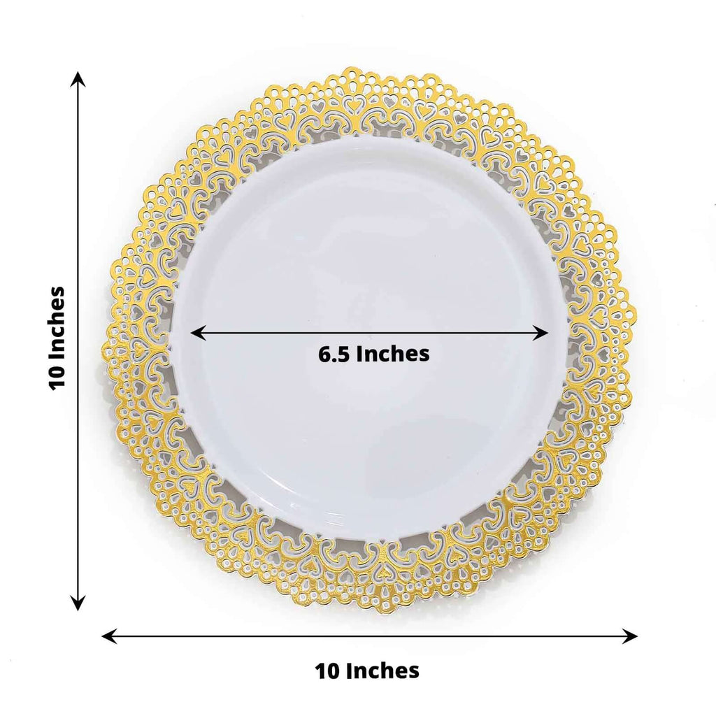 Lace Rim Plastic 10" Dinner Plates White/Gold | TableclothsFactory