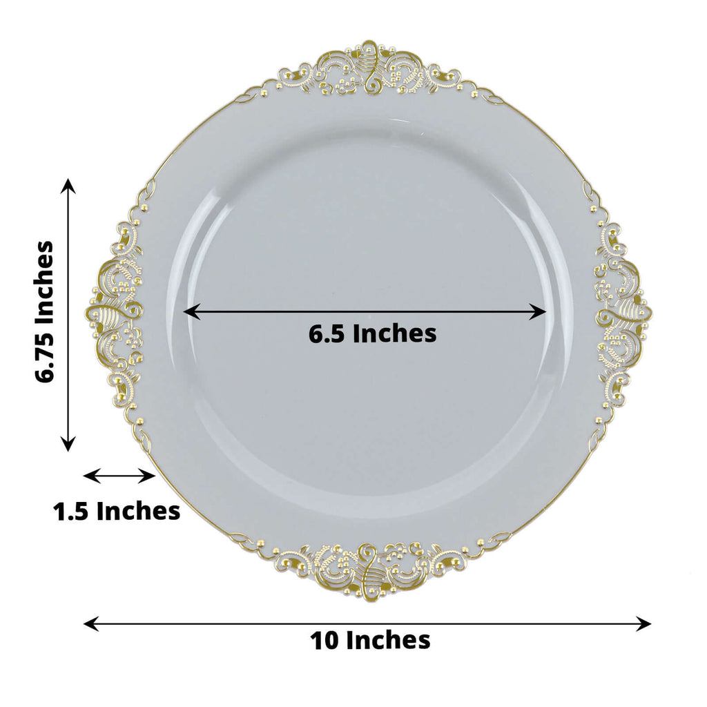 Leaf Embossed Rim Plastic 10" Dinner Plates Gray/Gold | TableclothsFactory