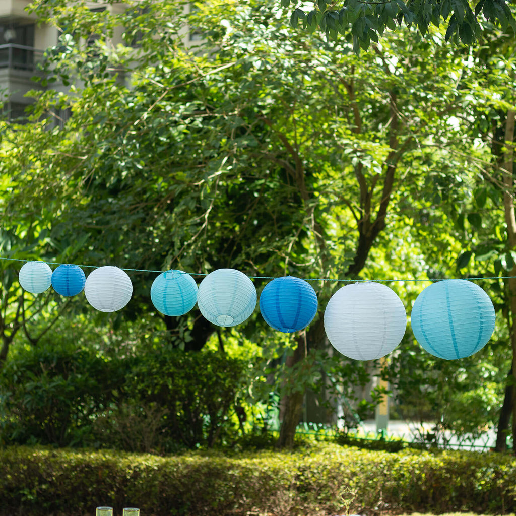 Mixed Blue White Hanging Paper Lanterns Set of 8 | TableclothsFactory