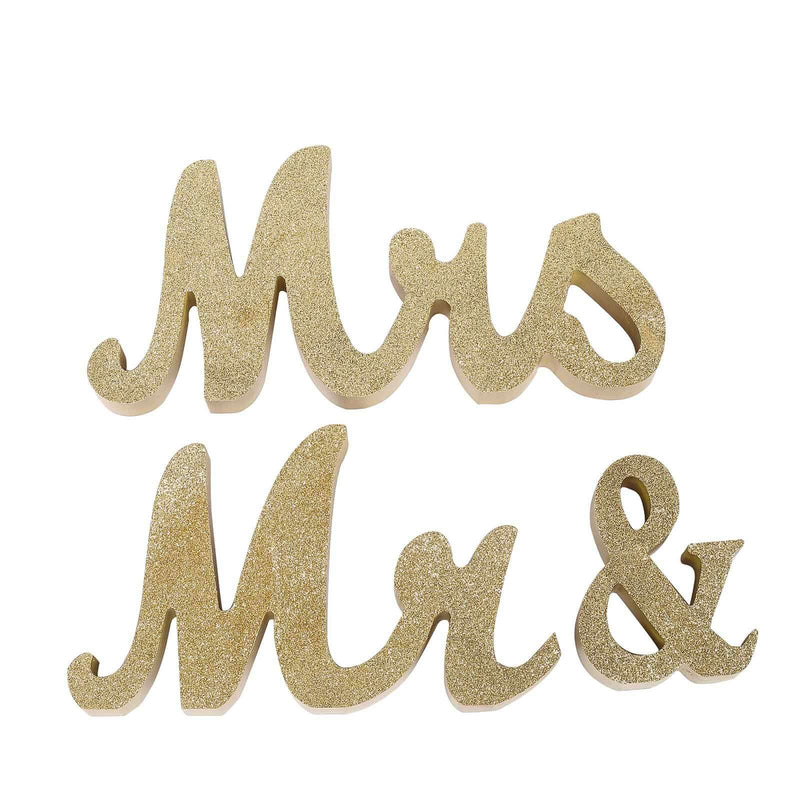 Wooden "Mr & Mrs" Letters Gold Glittered by TableclothsFactory.com