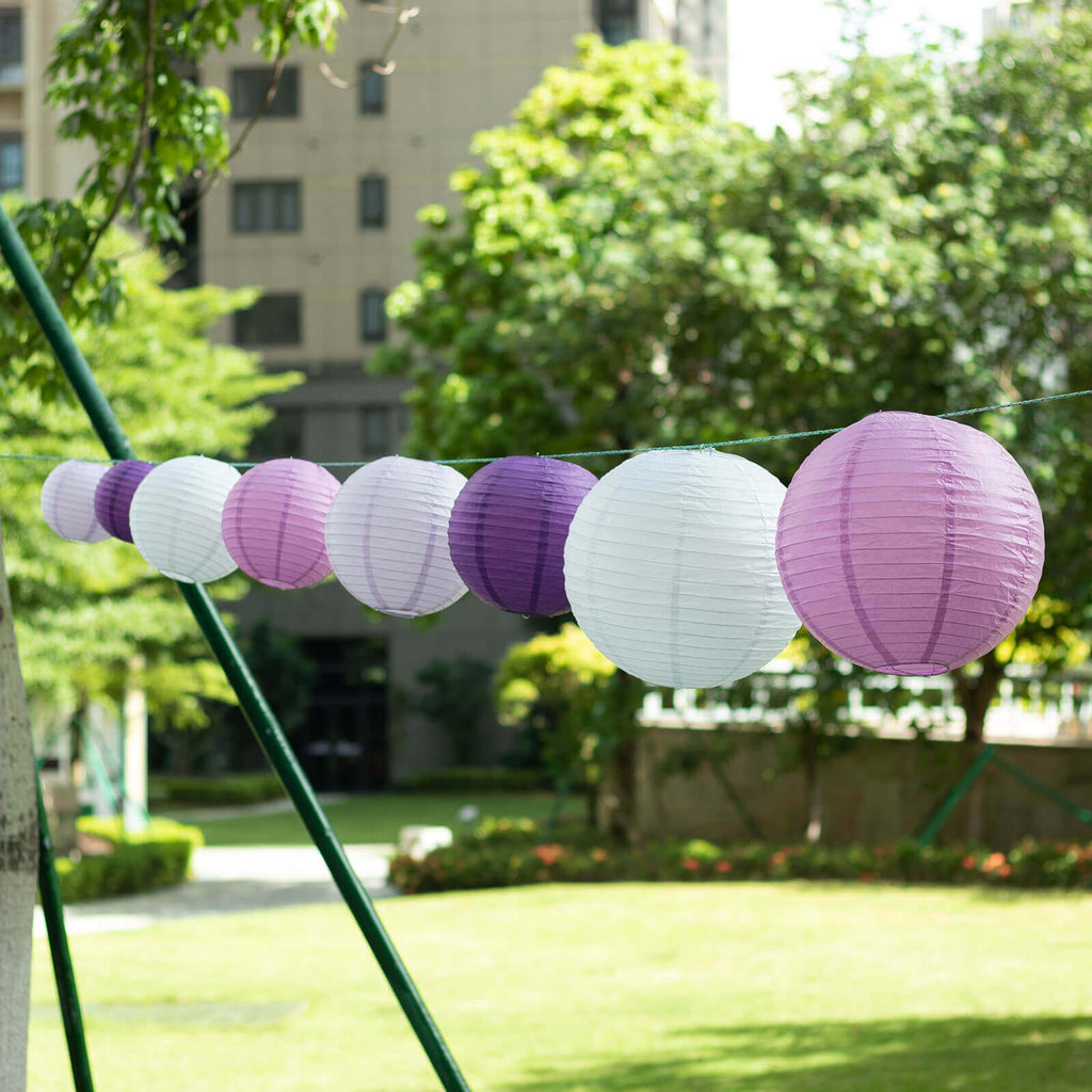 Mixed Purple White Hanging Paper Lanterns Set of 8 | TableclothsFactory